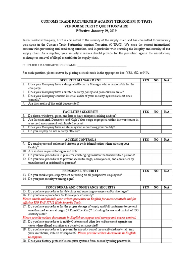 Customs Trade Partnership Against Terrorism (C-Tpat) Vendor Security ...