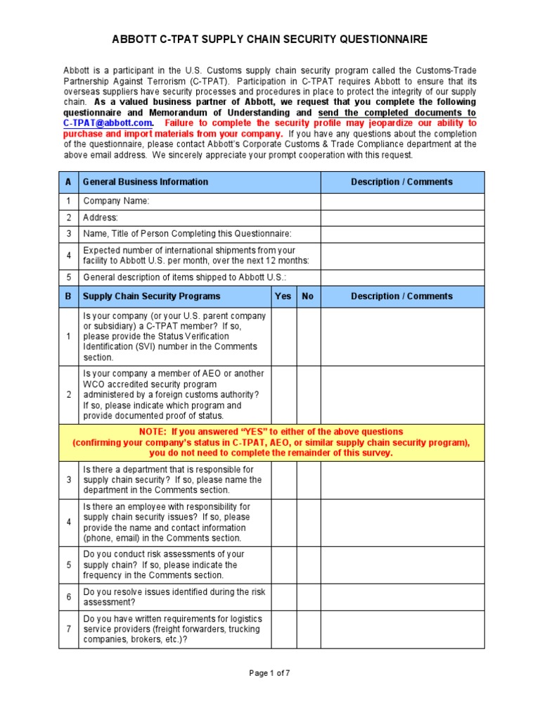 Abbott C-Tpat Supply Chain Security Questionnaire | PDF | Policy | Security