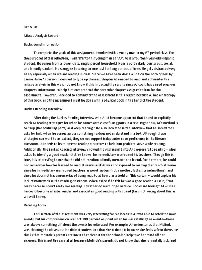Miscue Report Sample | PDF | Reading Comprehension | Fluency