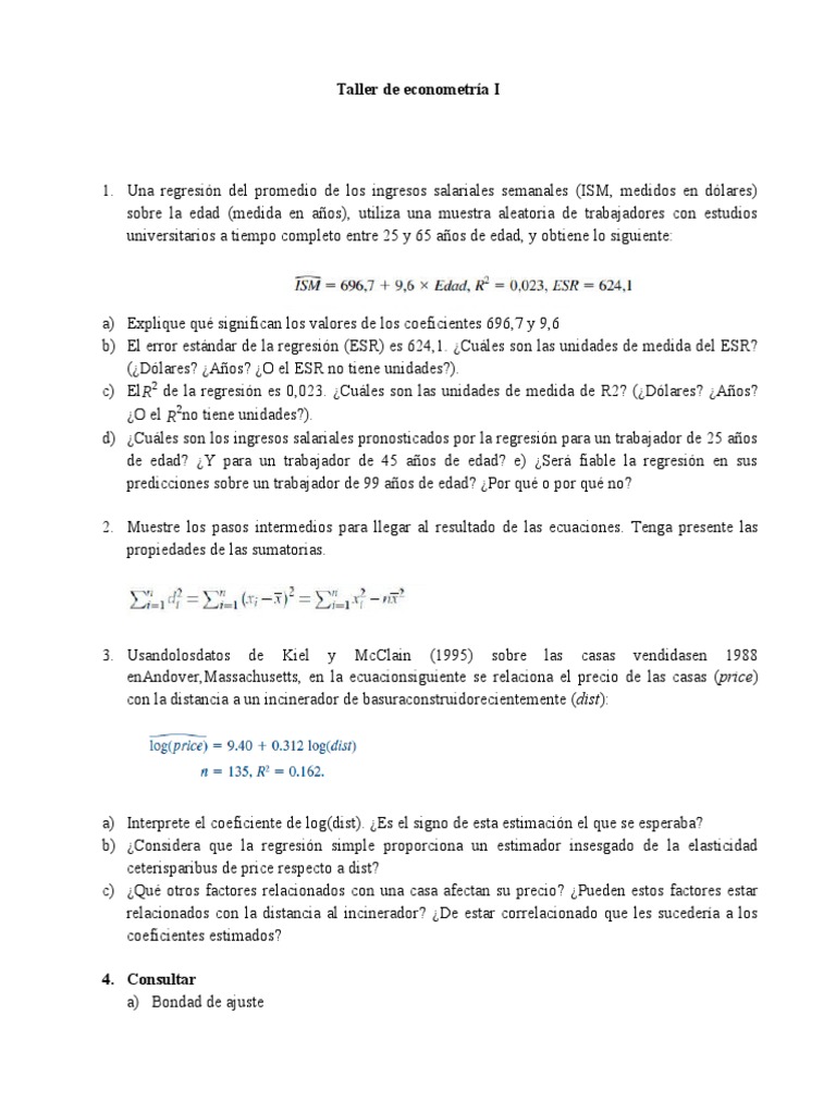 Taller de Econometría I | PDF | Mínimos cuadrados | Mínimos cuadrados ordinarios