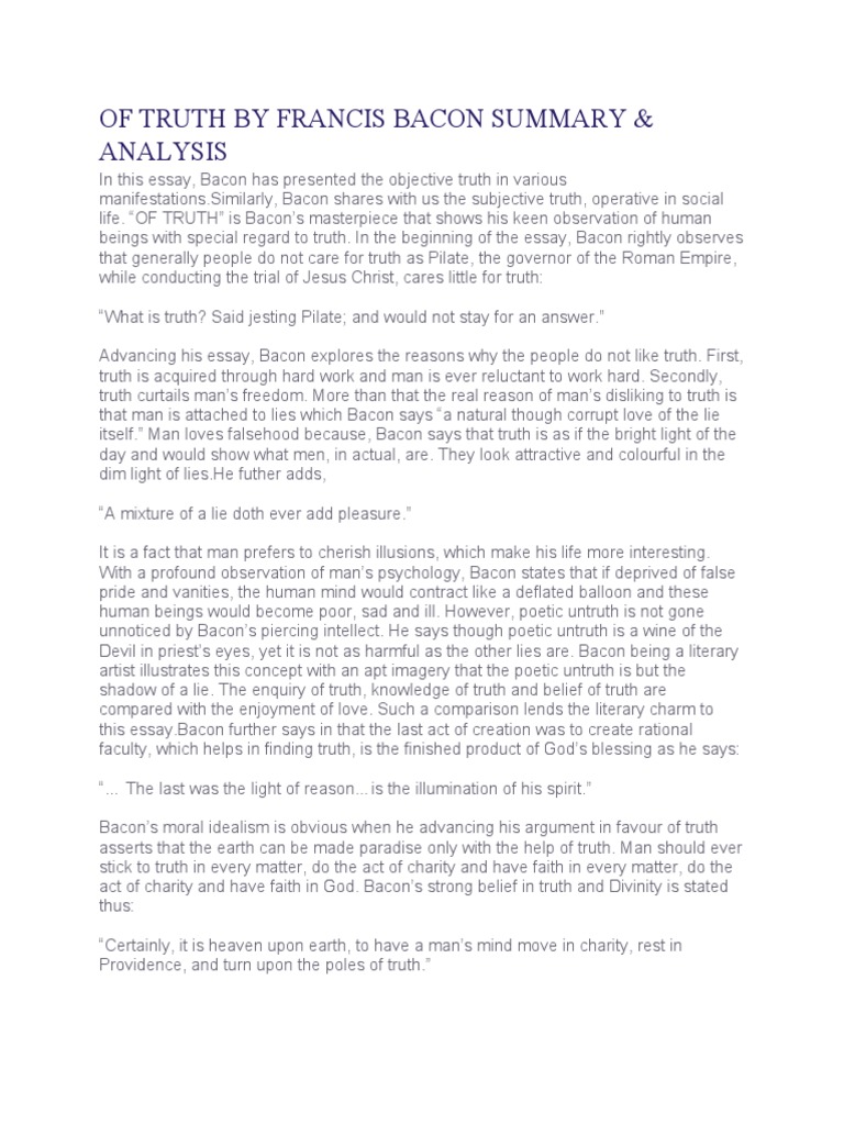 Of Truth by Francis Bacon Summary & Analysis | PDF | Idealism | Francis ...