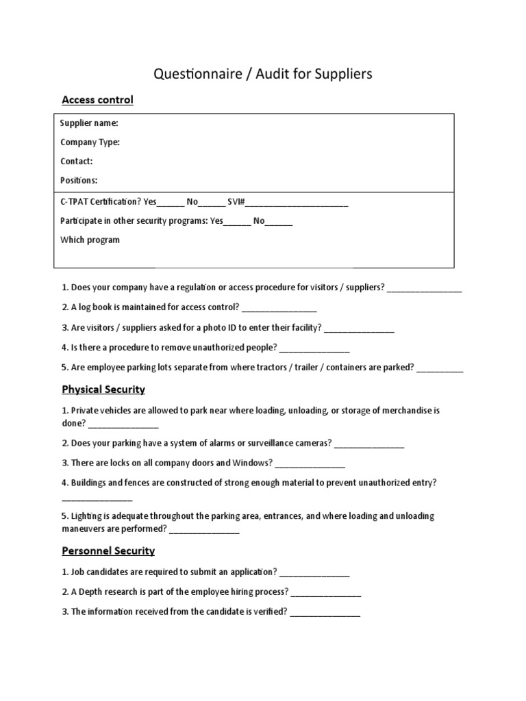 Questionnaire - Audit For Suppliers | PDF