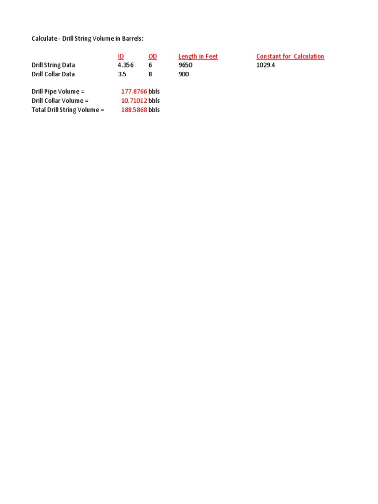 Calculate - Drill String Volume in Barrels:: ID OD Length in Feet ...