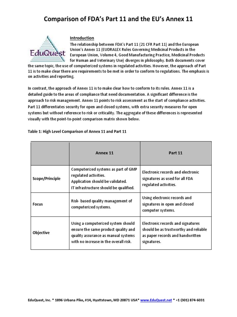 21 CFR Part 11 Vs EU Annex 11 - Computer System Validation | PDF ...
