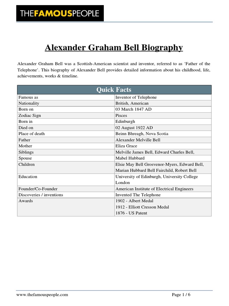 Alexander Graham Bell Biography: Quick Facts | PDF