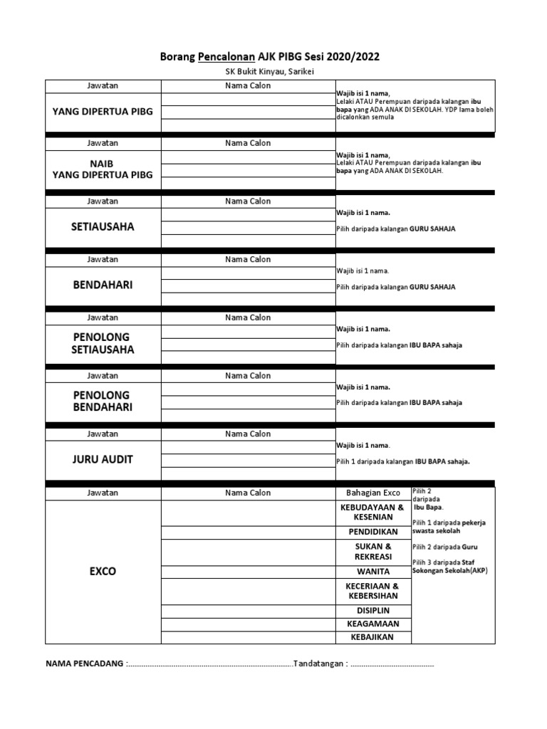 Borang Pencalonan Ajk Pibg | PDF
