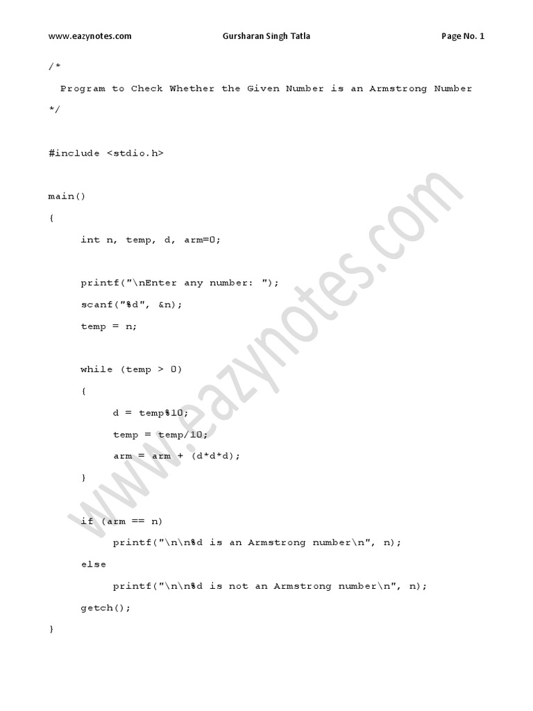 Program To Check Whether The Given Number Is An Armstrong Number | PDF