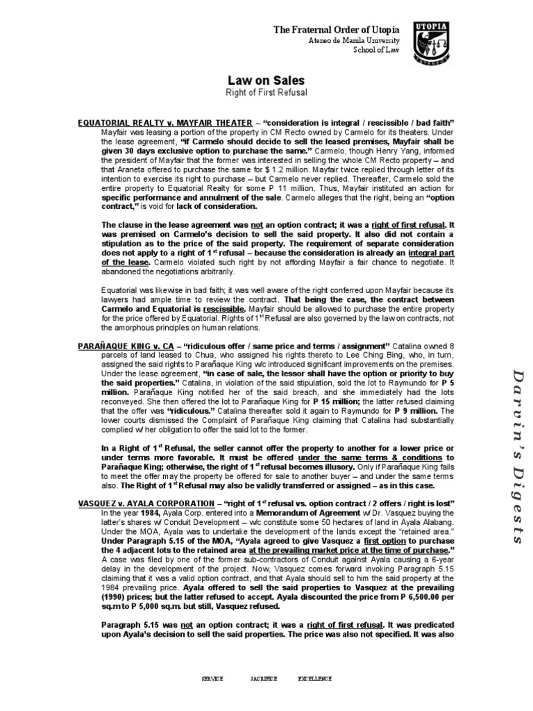 Law On Sales: Right of First Refusal | PDF | Deed | Lease