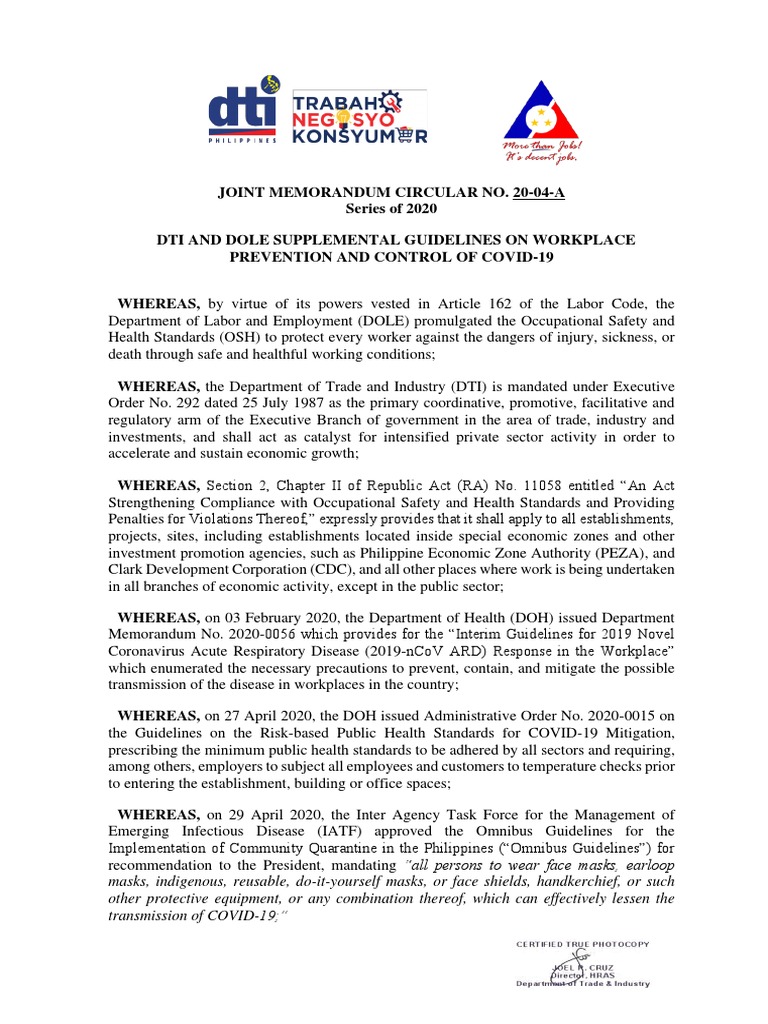 DTI-DOLE Joint Memorandum Circular No. 20-04-A | PDF | Hand Washing ...