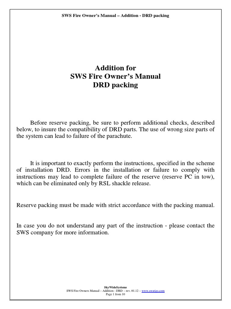 SWS Fire Owner's Manual - Addition - DRD Packing | PDF | Seam (Sewing ...