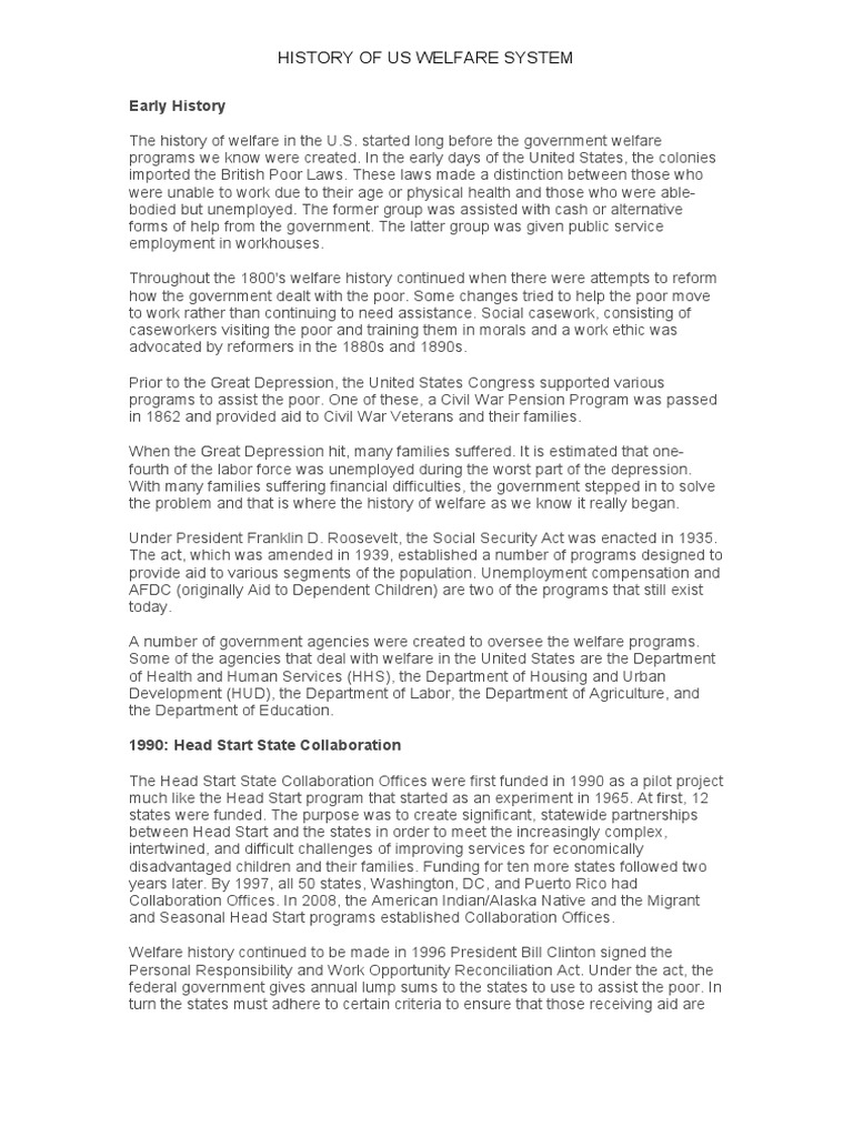 History of Us Welfare System | PDF | Personal Responsibility And Work ...