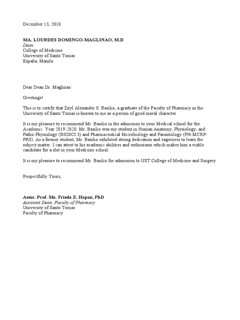 UST Medicine Recommendation Letter | PDF