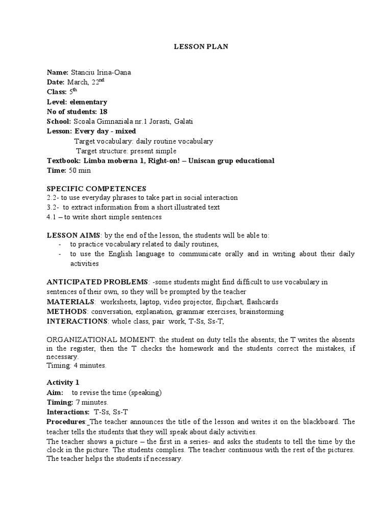 Plan de Lectie, Cls A Va | PDF | Cognition | Learning