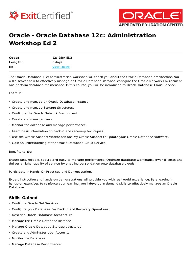 Oracle - Oracle Database 12c: Administration Workshop Ed 2: View Online | PDF