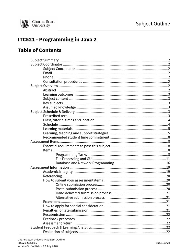ITC521 - Programming in Java 2: Subject Outline | Download Free PDF ...