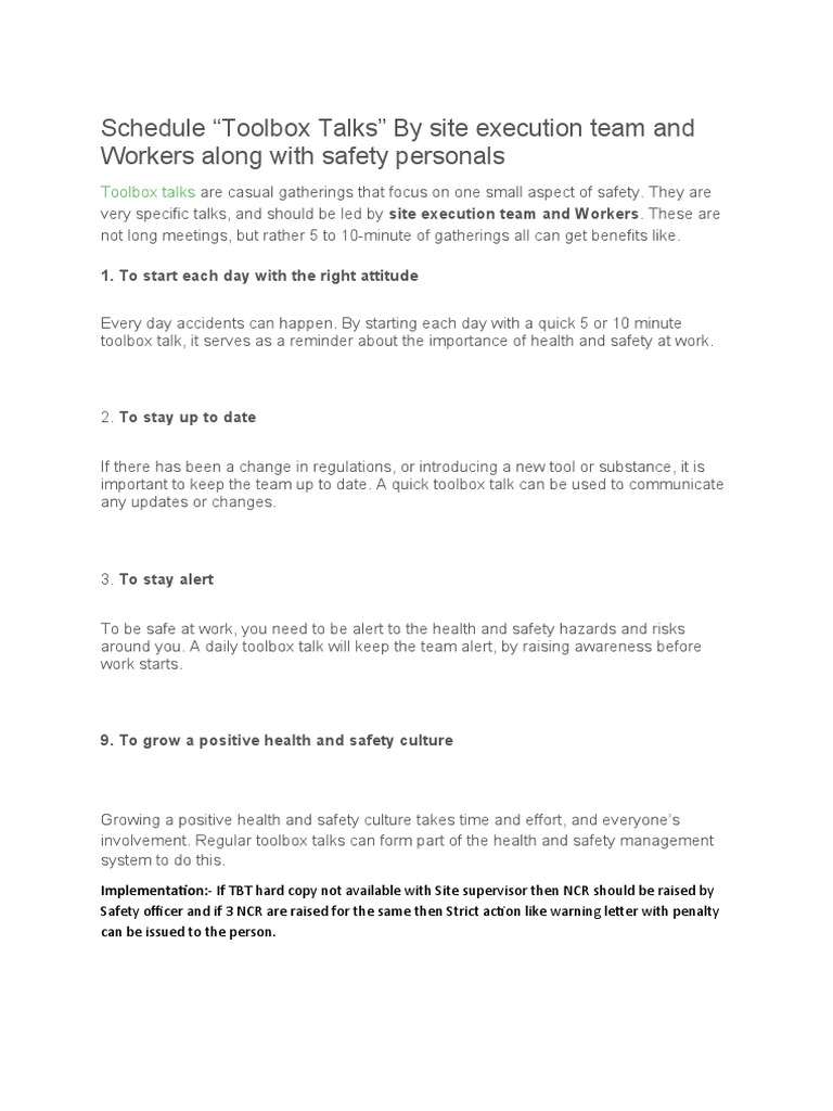 Schedule "Toolbox Talks" by Site Execution Team and Workers Along With ...