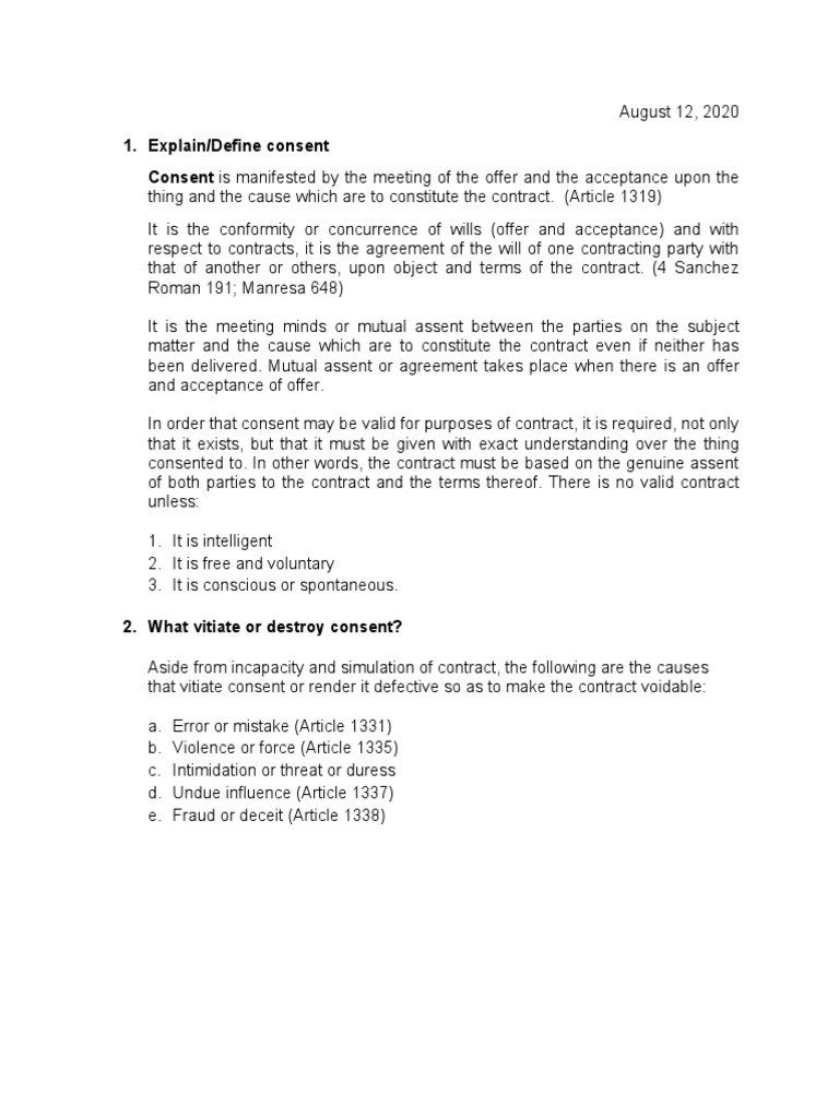 Explain/Define Consent Consent Is Manifested by The Meeting of The ...