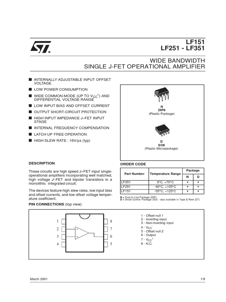 Wide Bandwidth Single J-Fet Operational Amplifier: LF151 LF251 - LF351 ...