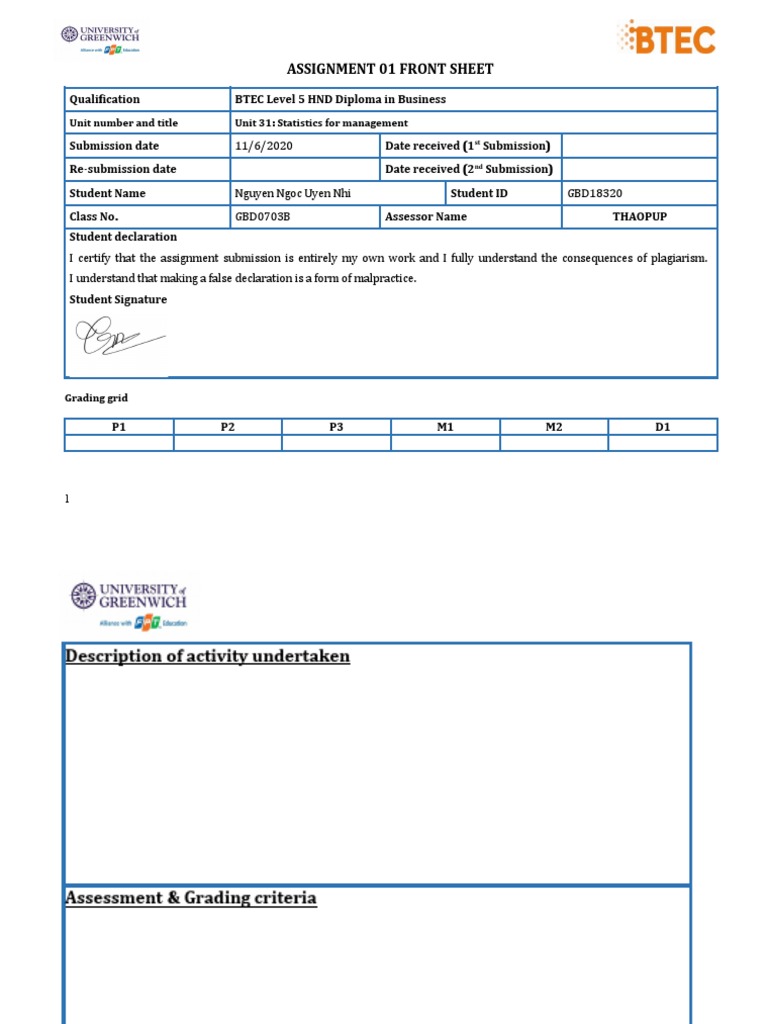 Assignment 01 Front Sheet: Unit Number and Title Unit 31: Statistics For Management | PDF ...