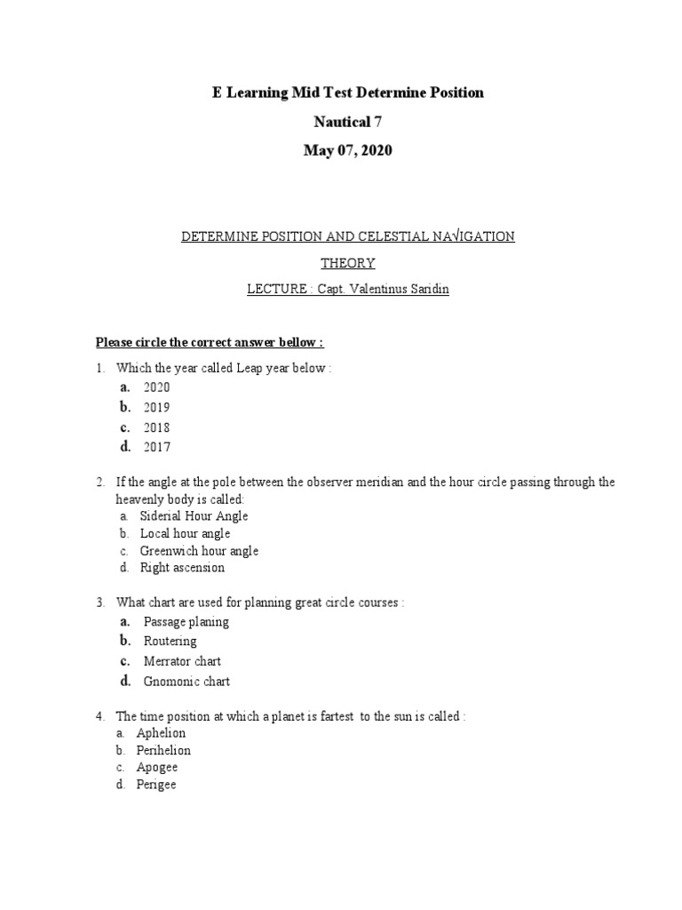 Mid Test of Nautical Smester 7 | PDF | Apsis | Navigation