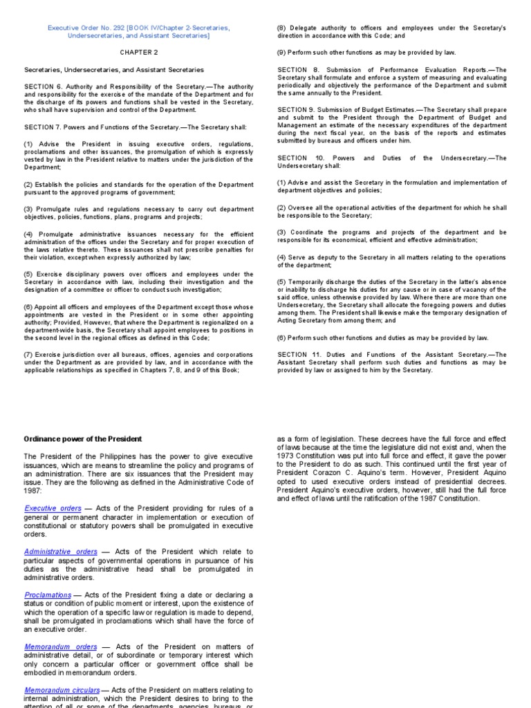 Executive Order No. 292 (BOOK IV/Chapter 2-Secretaries ...