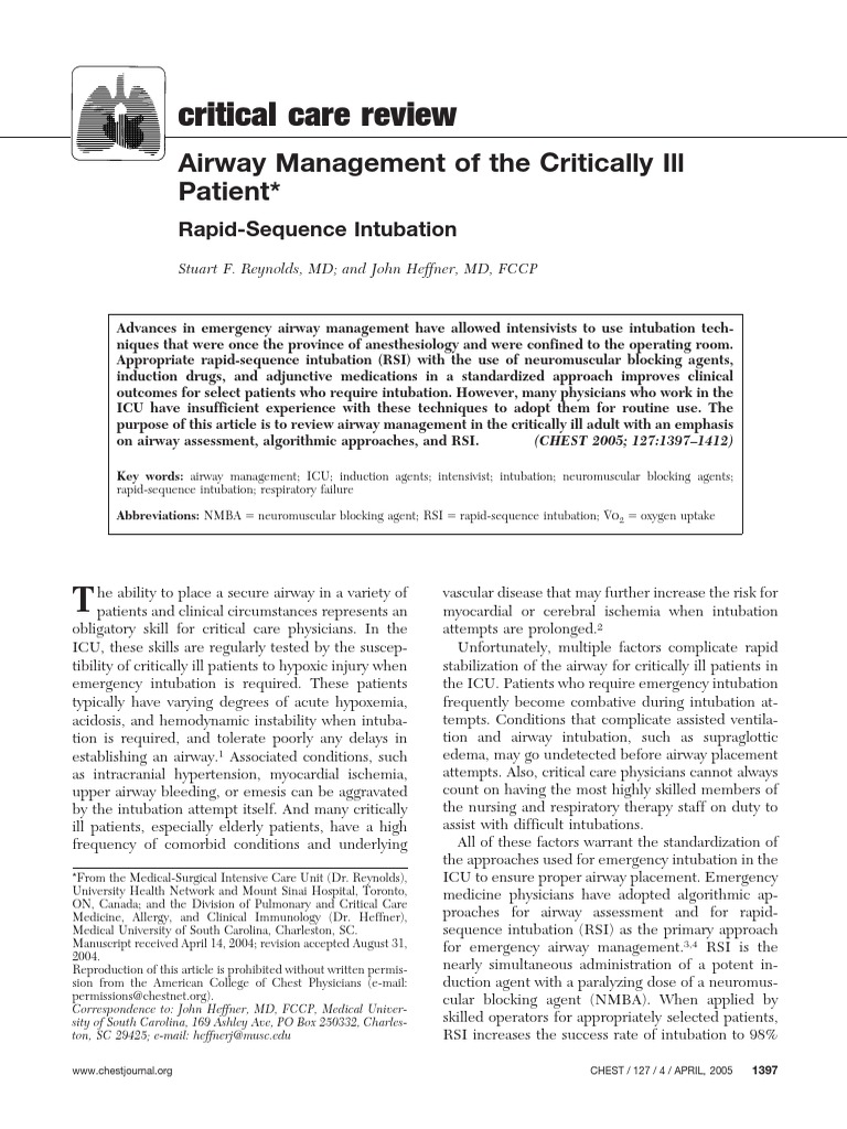 Critical Care Review: Airway Management of The Critically Ill Patient ...
