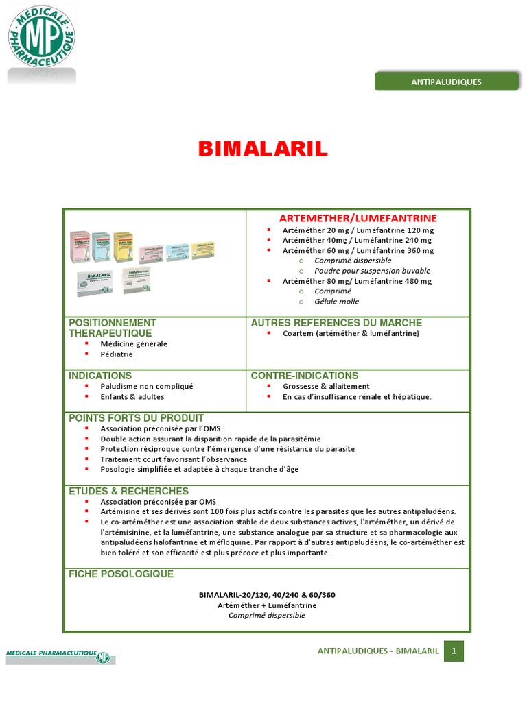 Posologie Bimalaril et Artemether-Lumefantrine | PDF | Paludisme ...