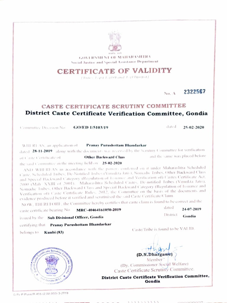 Certificate of Validity: Caste Certificate Scrutiny Committee | PDF