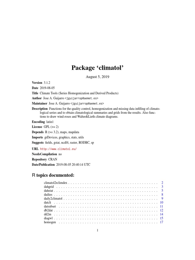 Package Climatol': R Topics Documented | PDF | Parameter (Computer Programming) | Mean