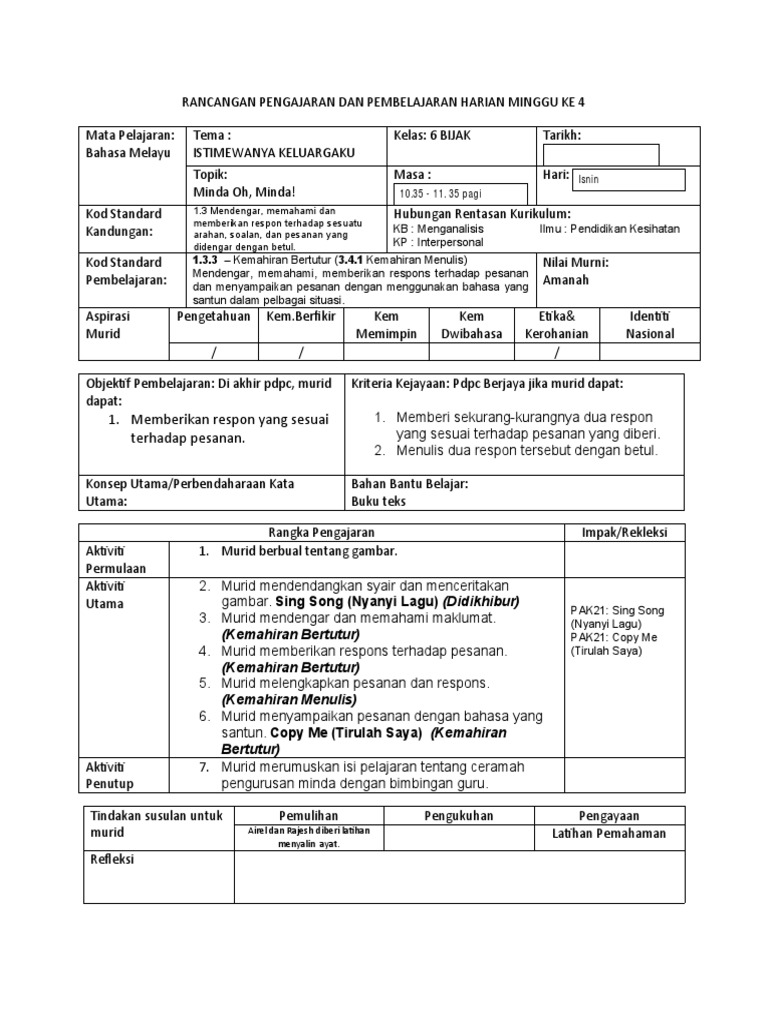 RPH BM TAHUN 6 m4 | PDF | Karier & Perkembangan | Sains & Matematika