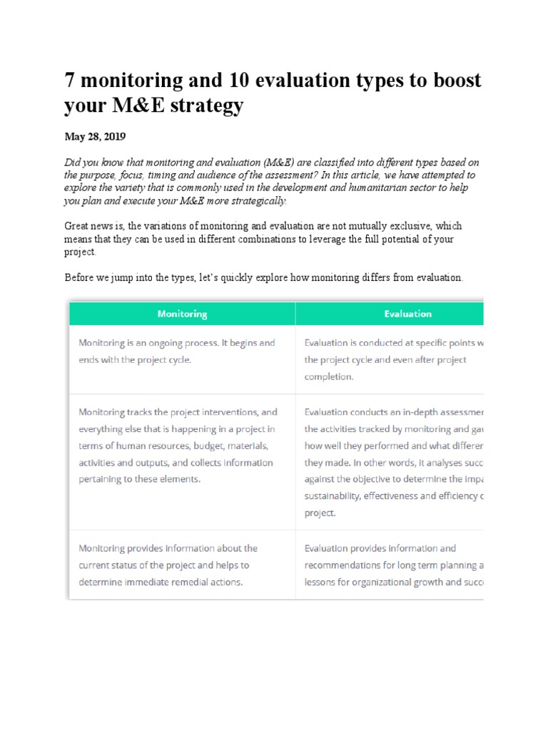 7 Monitoring and 10 Evaluation Types To Boost Your M&E Strategy | PDF ...