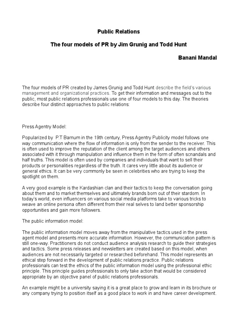 Four Models of PR by Grunig and Hunt | PDF | Public Relations | Target ...