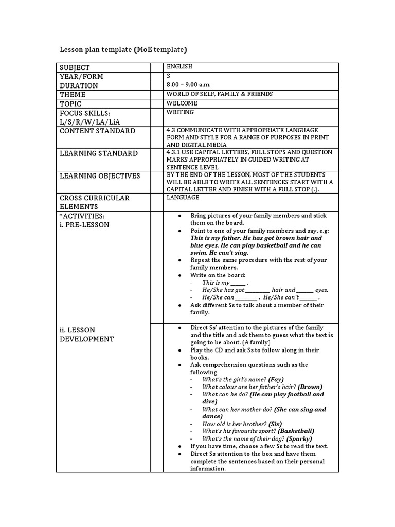 Lesson Plan Template (Moe Template) Subject Year/Form Duration Theme ...