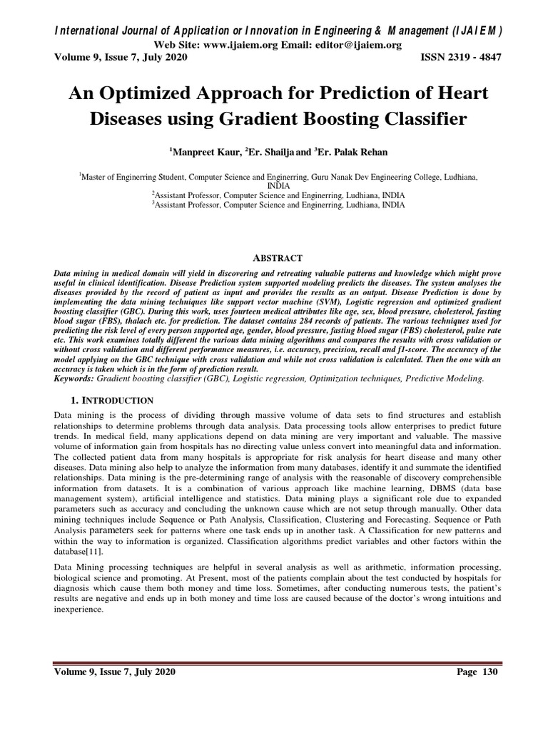 An Optimized Approach For Prediction of Heart Diseases Using Gradient Boosting Classifier ...