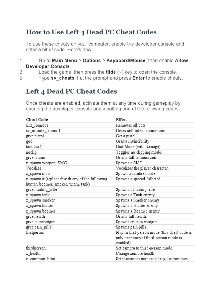 How To Use Left 4 Dead PC Cheat Codes: Developer Console | PDF ...