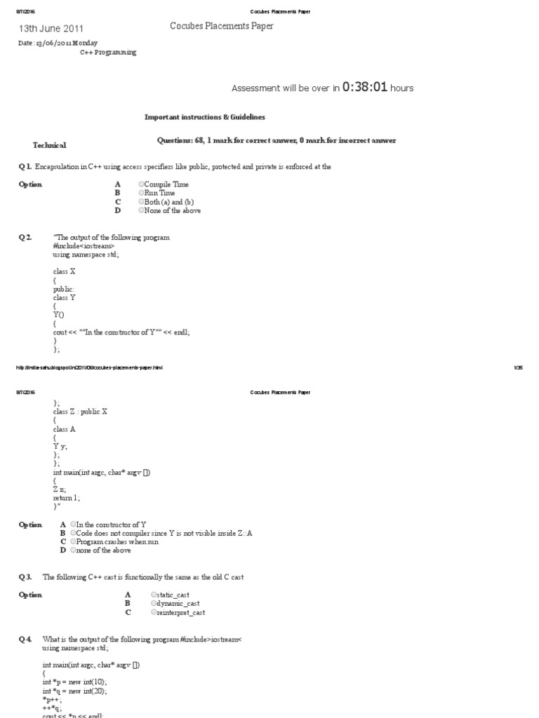 Cocubes Placements Paper | PDF | C++ | Constructor (Object Oriented Programming)
