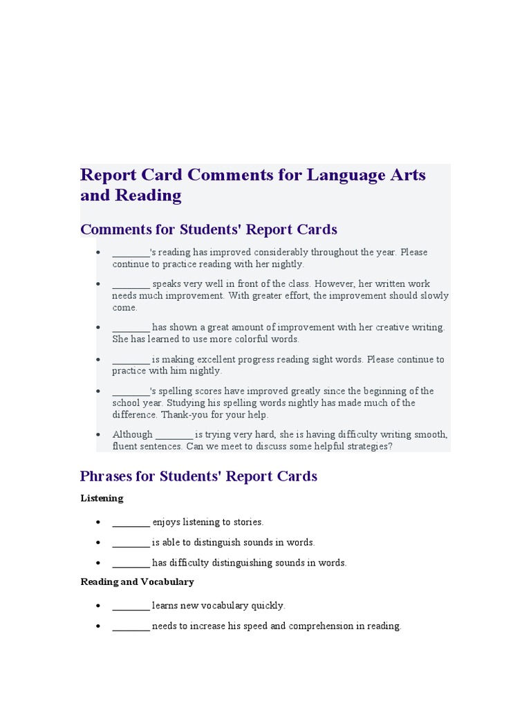 Report Card Comments On Yiur Students | PDF | Vocabulary | Phonics