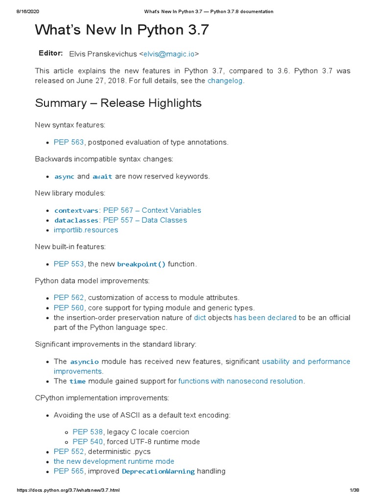 What's New in Python 3.7 - Python 3.7.8 Documentation | PDF | Python (Programming Language ...