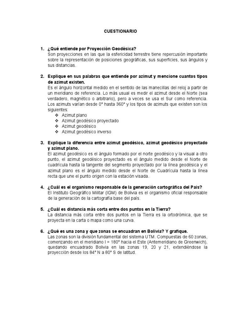 Cuestionario Geodesia II | PDF | Azimut | Geofísica