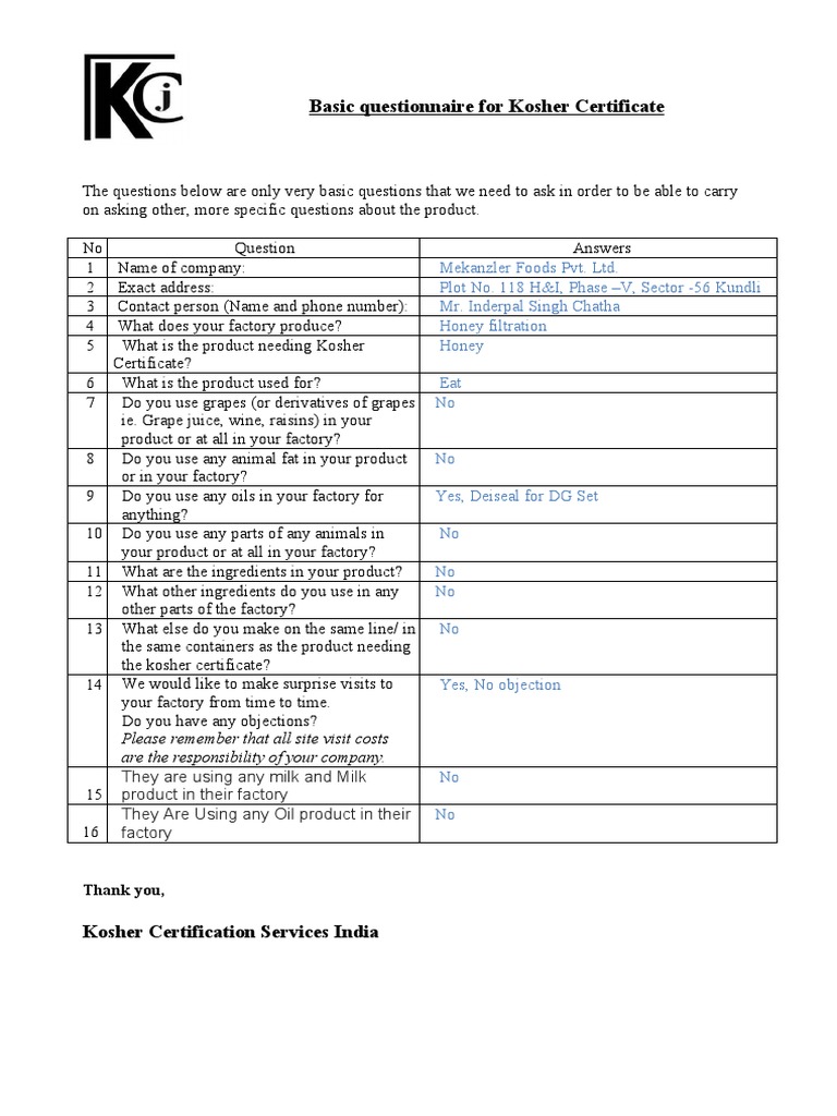Basic Questionnaire For Kosher Certificate 2 | PDF