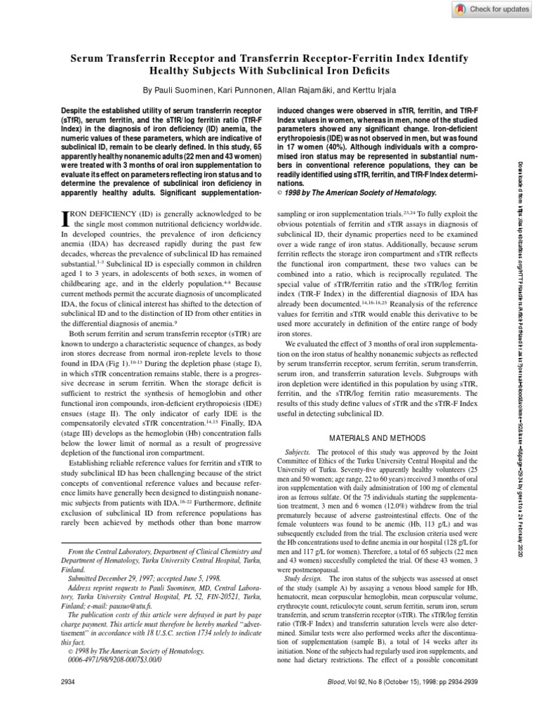 Serum Transferrin Receptor and Transferrin Receptor-Ferritin Index ...