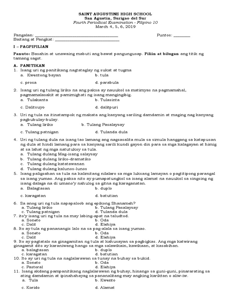 Fil 10 (4TH Final Exam) | PDF
