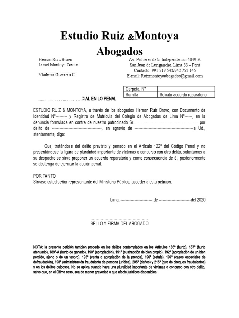 Modelo de Solicitud de Acuerdo Reparatorio | PDF | Virtud | Mala conducta Modelo de Solicitud de Acuerdo Reparatorio | PDF | Virtud | Mala conducta