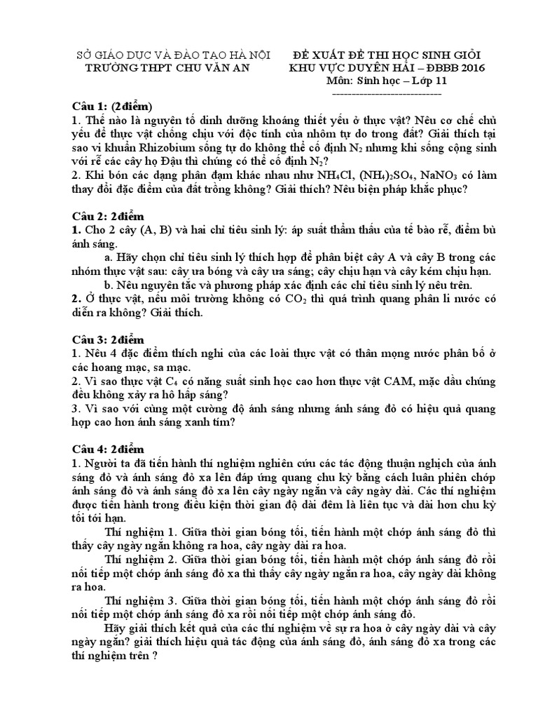 Sinh 11 - de Xuat de Thi Va Dap An Thi DH 2016 - CVA | PDF