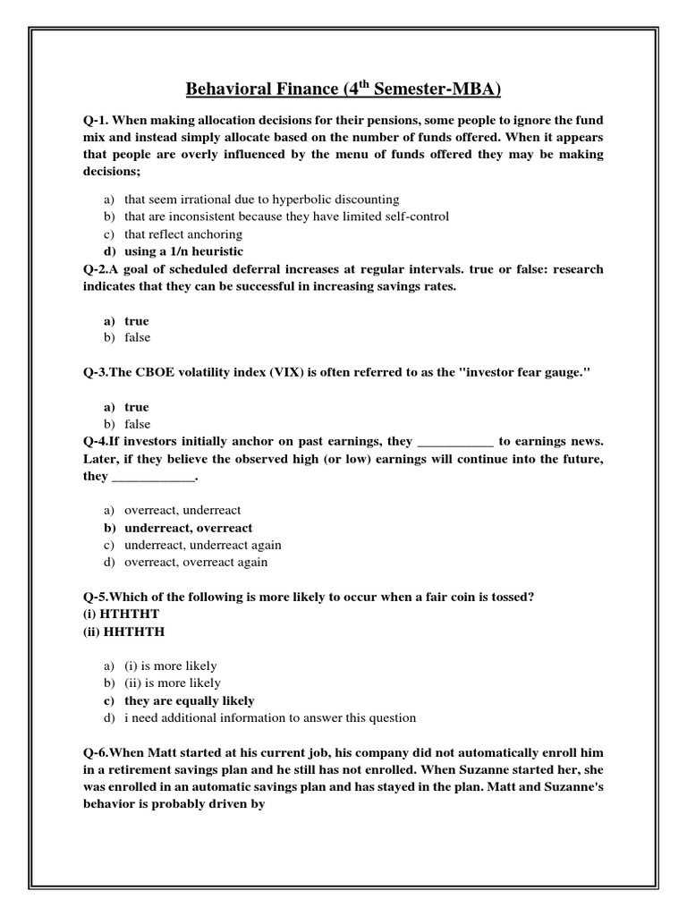Behavior Finance MCQ | PDF | Diversification (Finance) | Economic Bubble