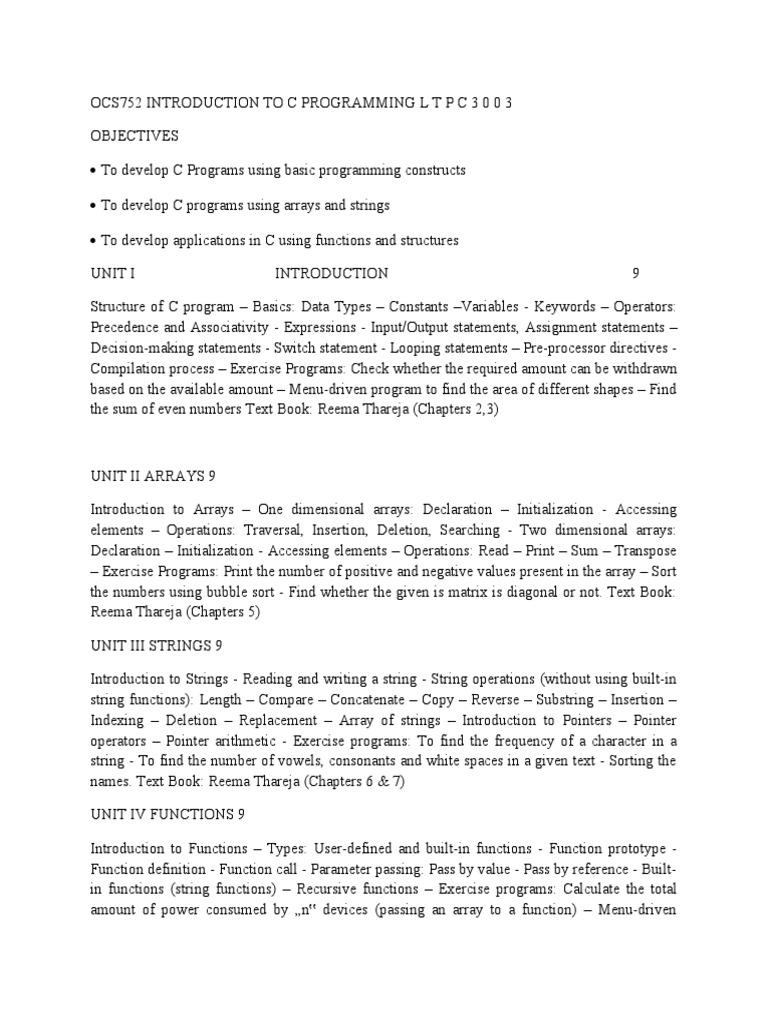 Ocs752 Introduction To C Programming Pdf C Programming Language 