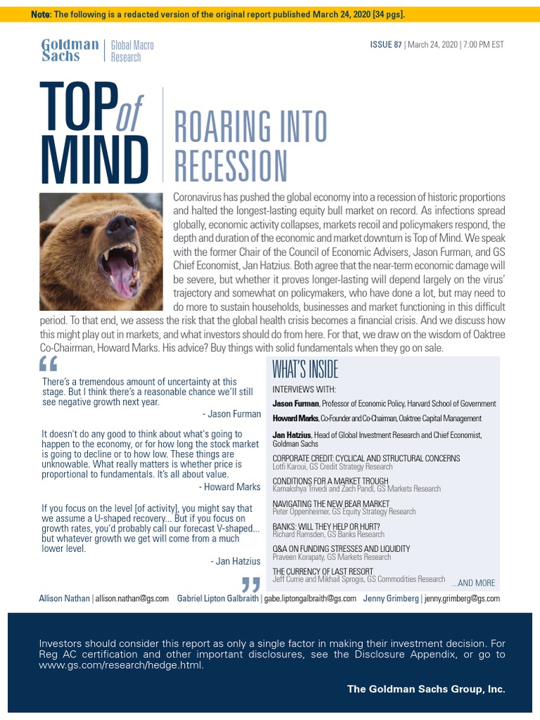 GS Report PDF | PDF | Recession | Financial Markets