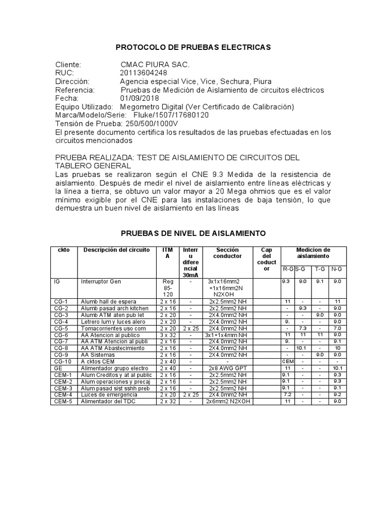 Protocolo de Pruebas Electricas Vice | PDF | Cantidad | Ingenieria Eléctrica