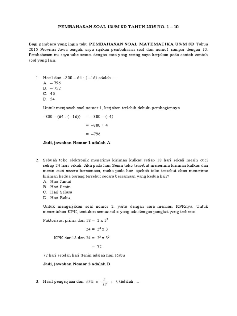 Pembahasan Soal Matematika US/M SD 2015 | PDF | Metode & Bahan Ajar