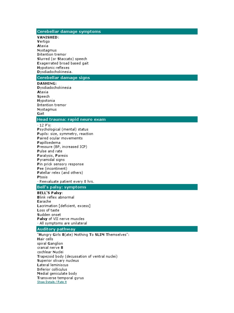 Neurology Mnemonics | PDF | Auditory System | Human Head And Neck